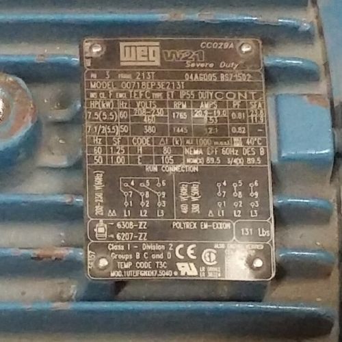 WEG W21 SEVERE DUTY 213T FRAME 3-PHASE 1765/1445RPM 7.5HP MOTOR ...